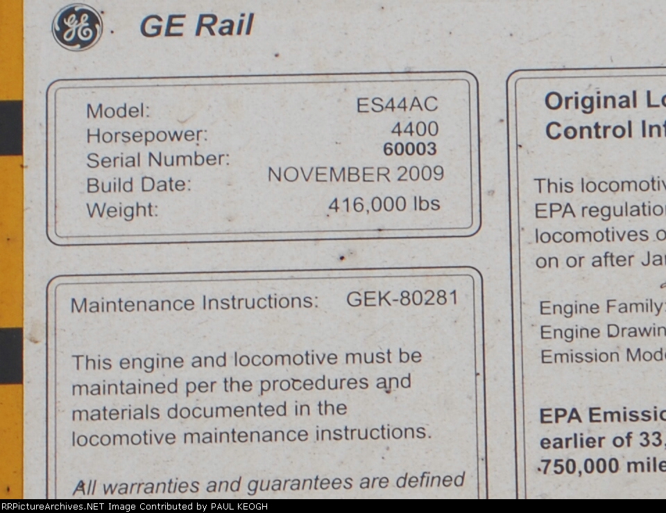 BNSF 6388's GE Data plate showing all the info you need to know about this fine ES44AC Locomotive.